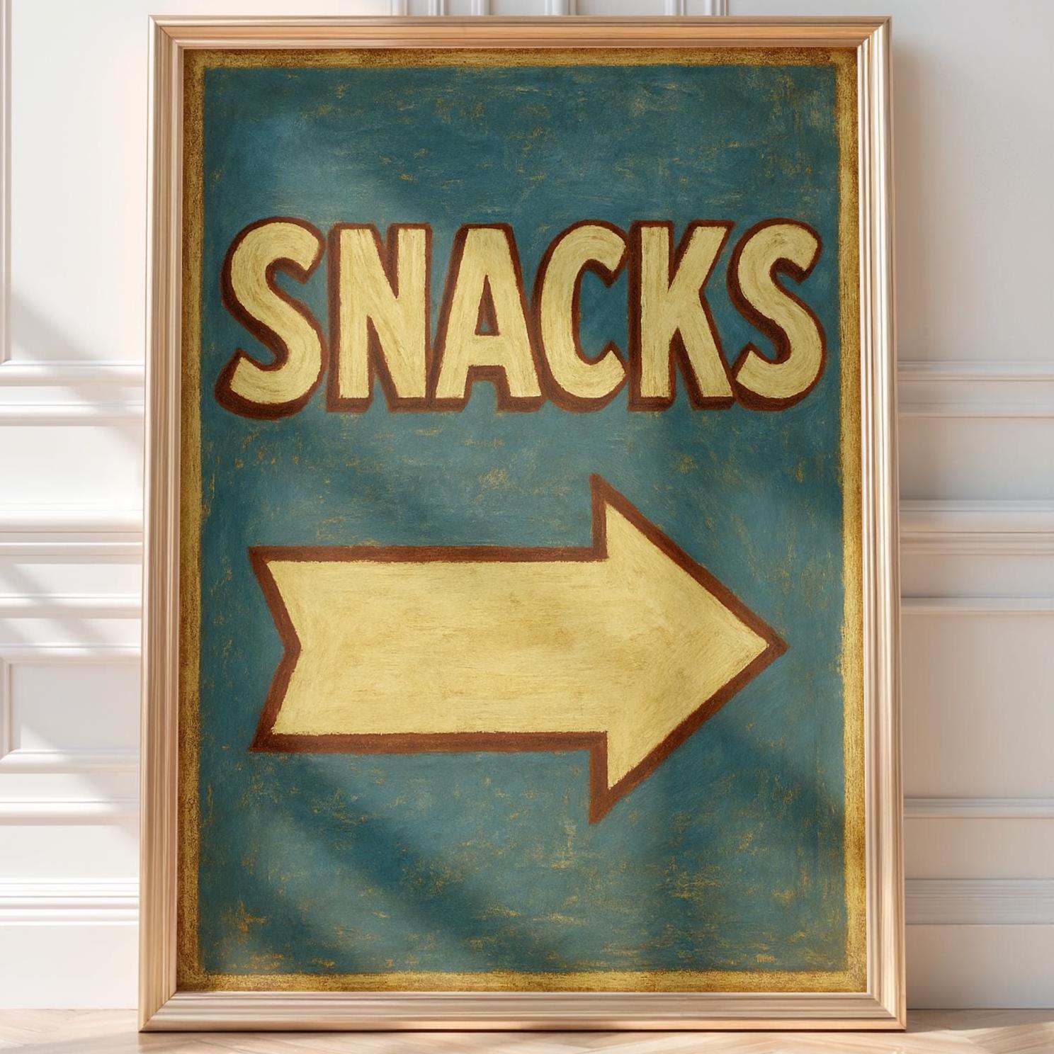 Retro Snacks Sign Poster – Vintage Diner Wall Art, Bold Yellow Arrow P ...